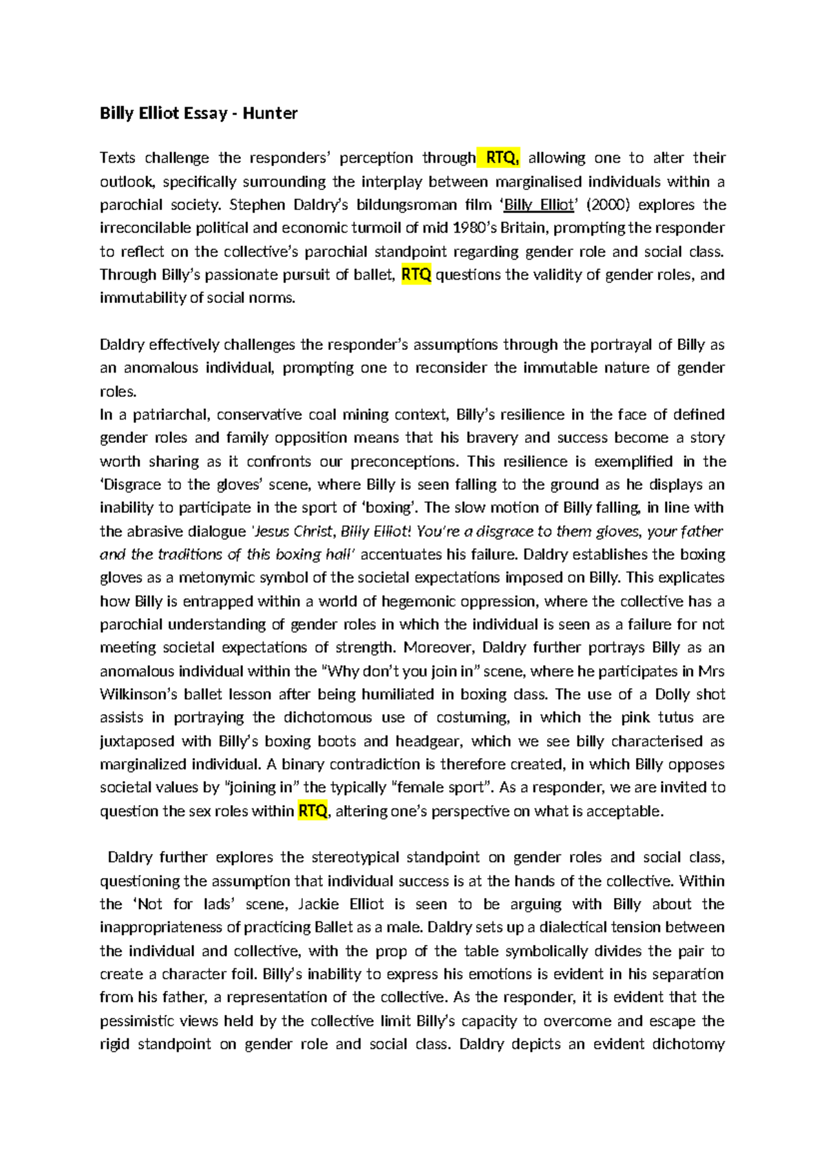 Billy Elliot Essay HSC - 10/10 - Billy Elliot Essay - Hunter Texts ...