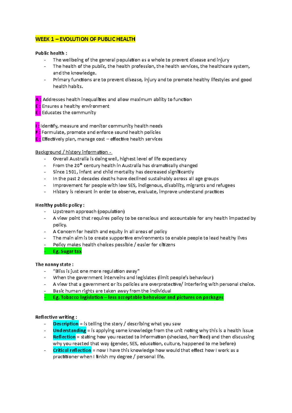 HSH111 Notes - WEEK 1 – EVOLUTION OF PUBLIC HEALTH Public health ...