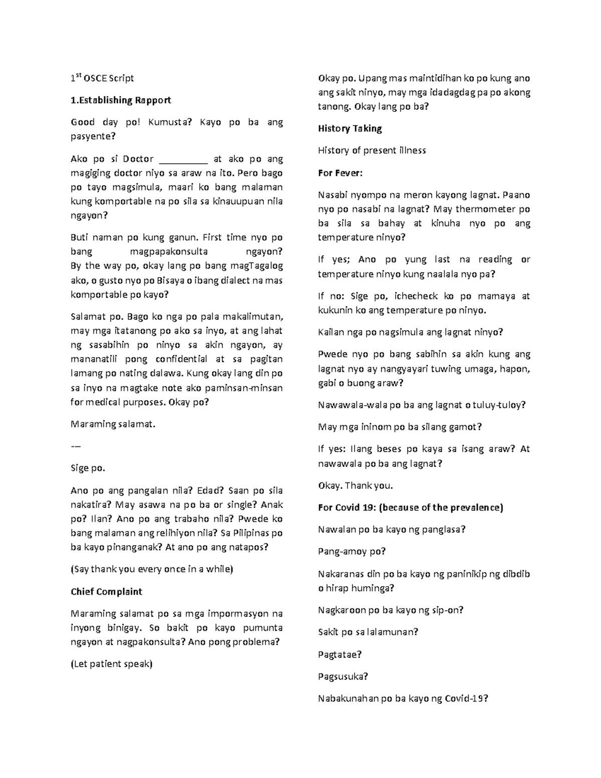 1st OSCE Script PDF - asdf - 1 st OSCE Script 1 Rapport Good day po! Kumusta? Kayo po ba ang ...