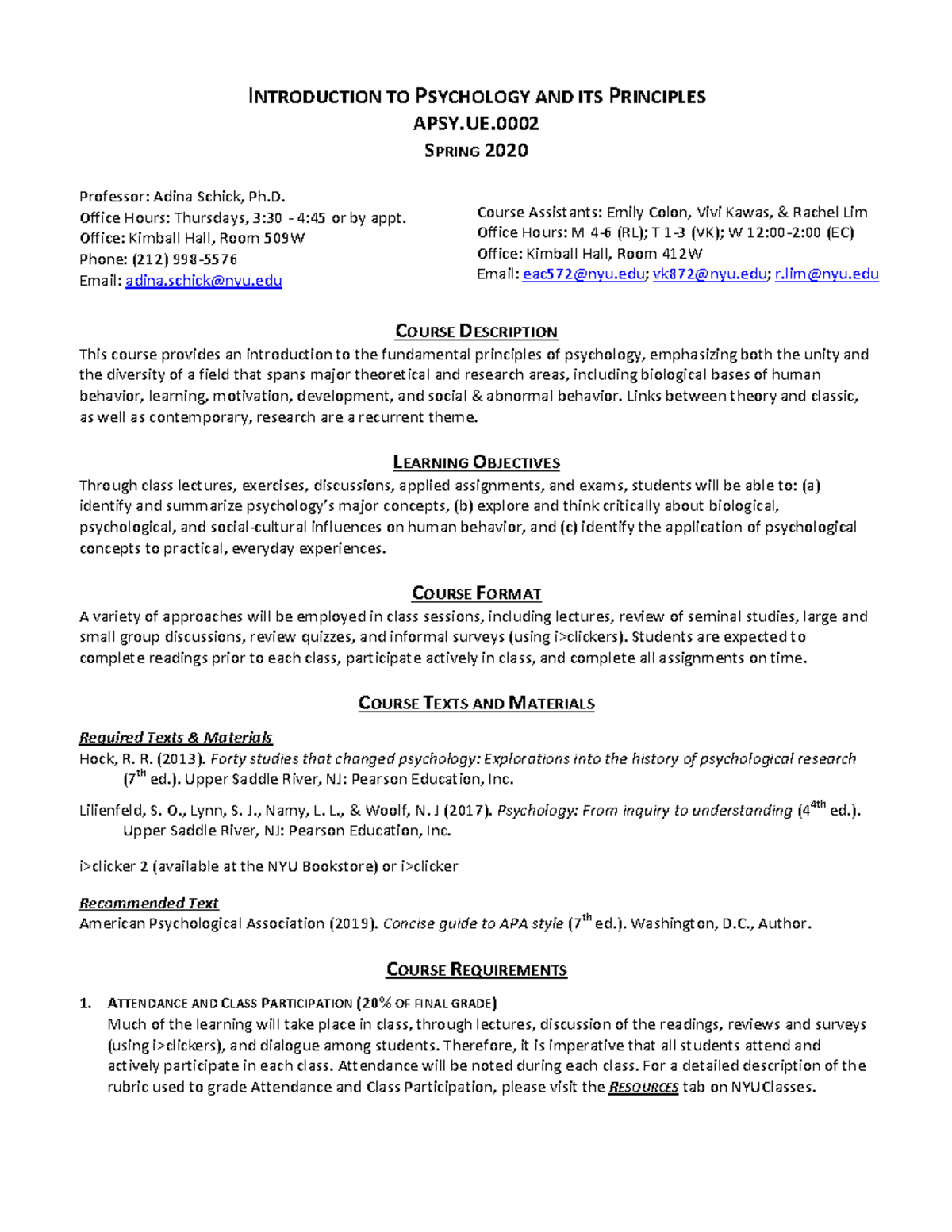 Introduction to Psych Syllabus Spring 2020 - INTRODUCTION TO PSYCHOLOGY ...