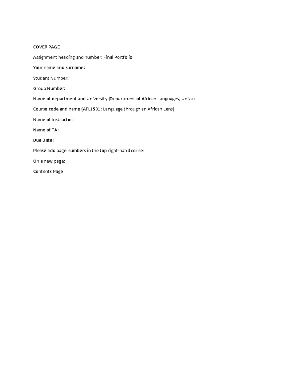 AFL Assessment 6 Portfolio - COVER PAGE Assignment heading and number ...