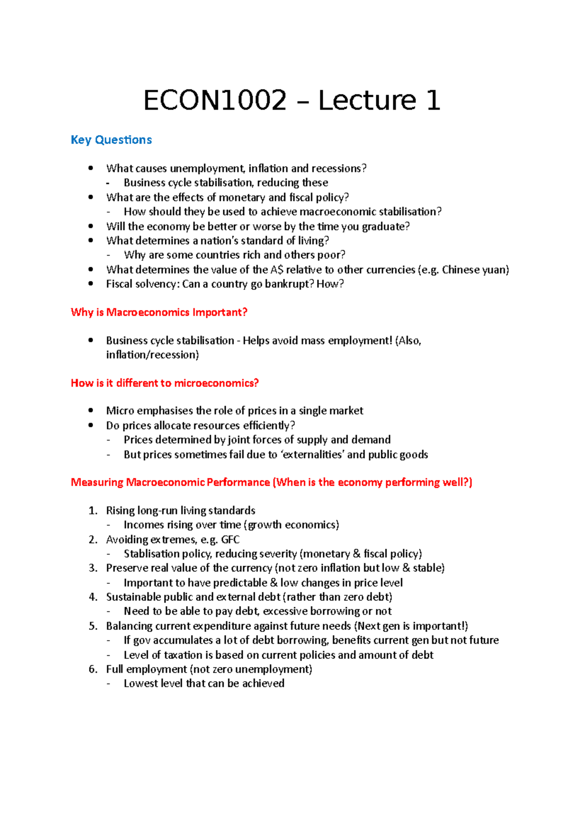 ECON1002 - Lecture 1 - ECON1002 – Lecture 1 Key Questions What causes unemployment, inflation ...
