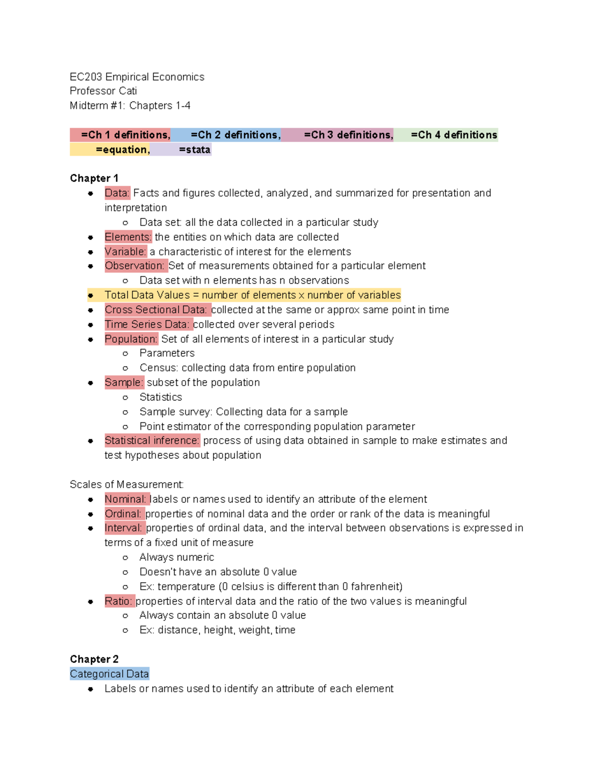 EC203 Chapters 1-4 + Stata - EC203 Empirical Economics Professor Cati ...