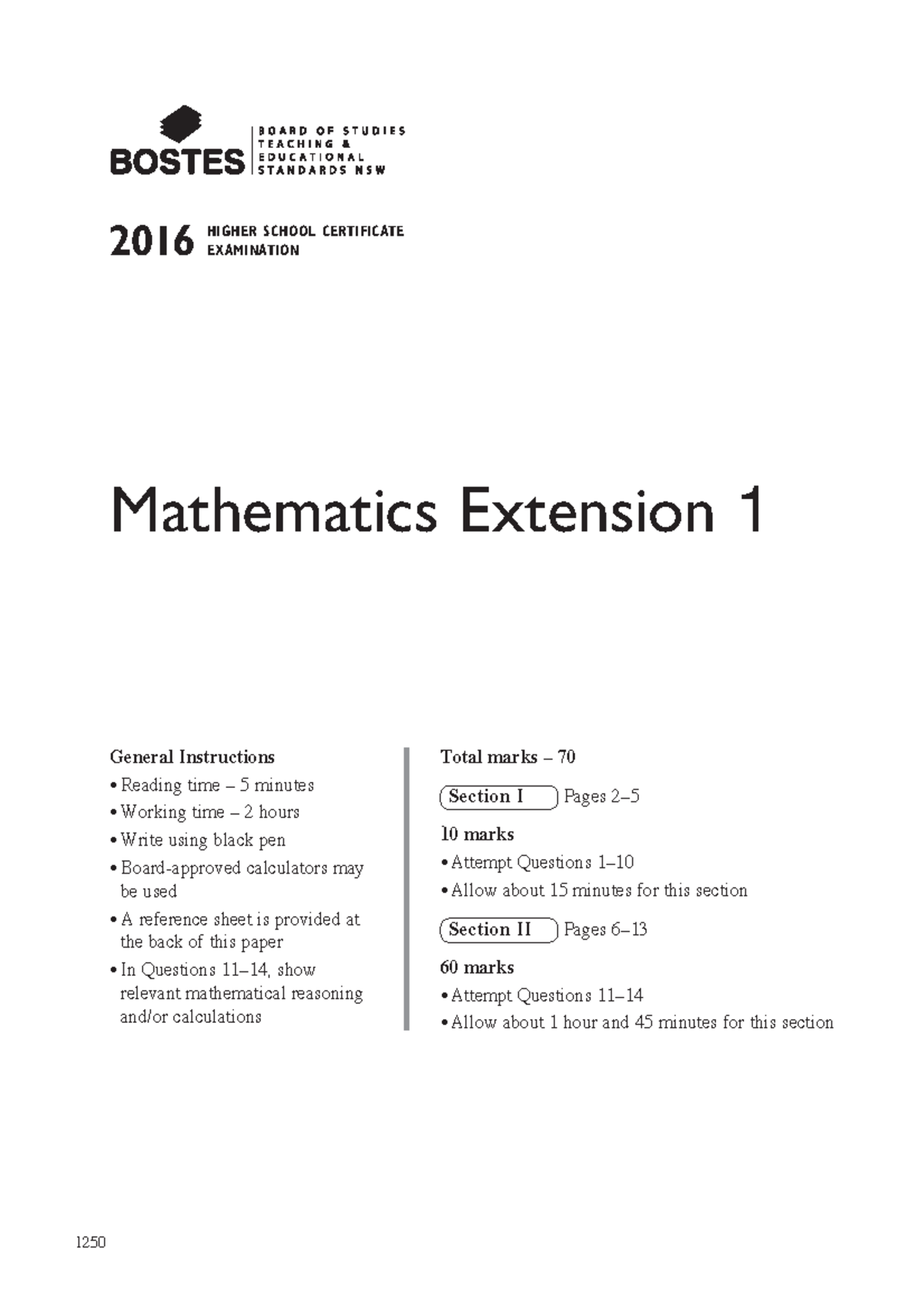 2016 hsc maths ext 1 - 2016 HIGHER SCHOOL CERTIFICATE EXAMINATION 1250 ...
