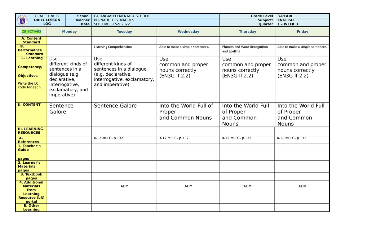 WEEK3-dll- English - GRADE 1 to 12 DAILY LESSON LOG School CALANGAY ...