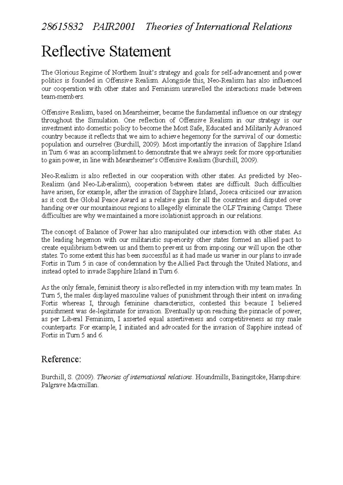 Reflective Statement - 28615832 PAIR2001 Theories of International ...