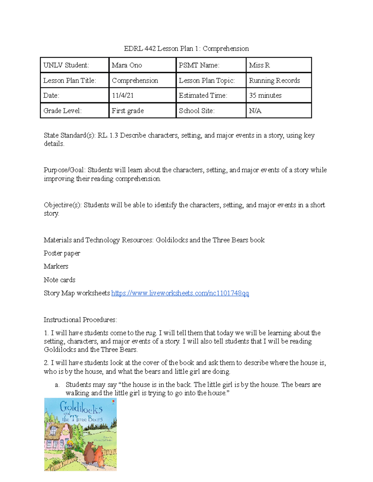 2 Lesson Plans (Running Records) - EDRL 442 Lesson Plan 1 ...