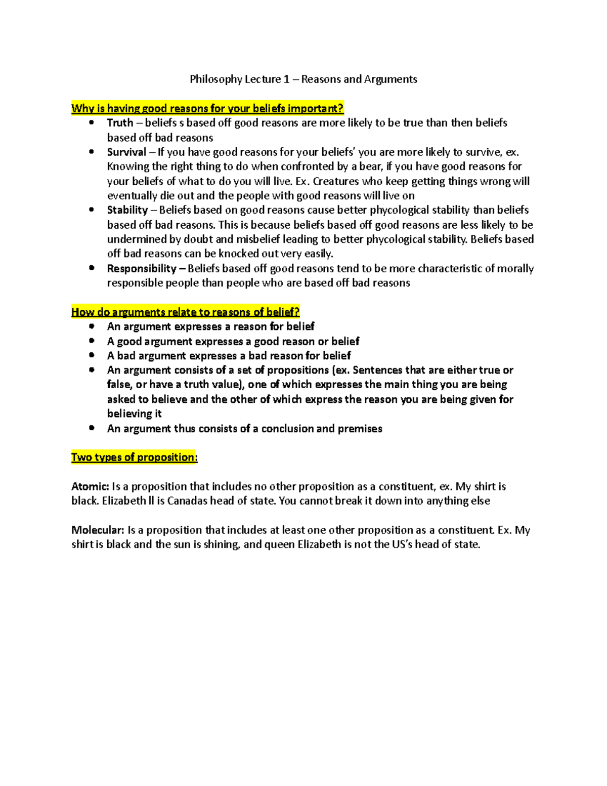 Philosophy Lecture 1 notes - Philosophy Lecture 1 – Reasons and ...