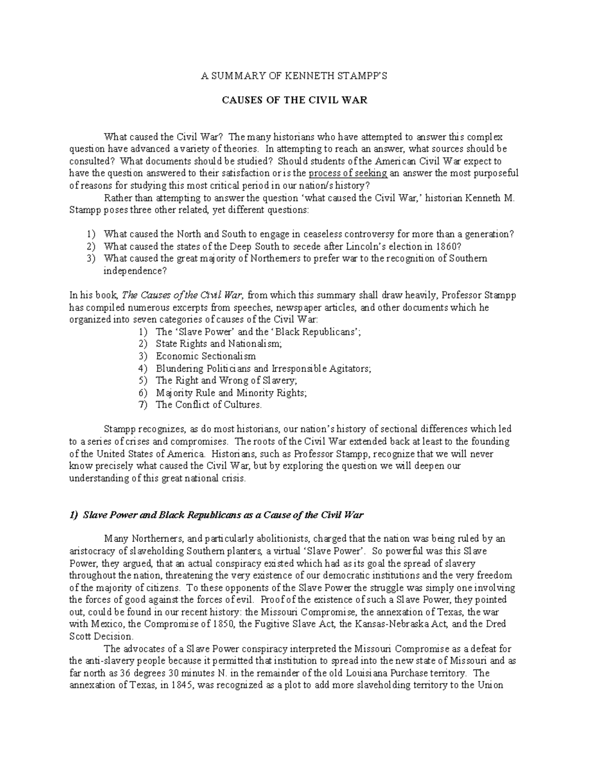 K Stampp Causes of Civil War - A SUMMARY OF KENNETH STAMPP’S CAUSES OF ...