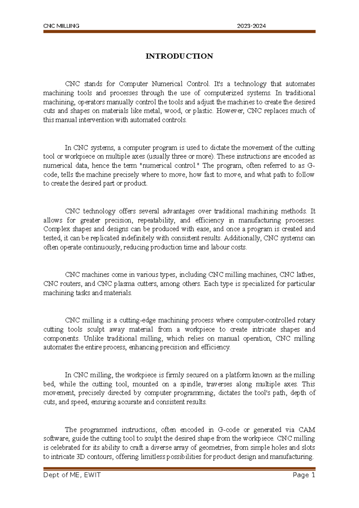 Internship report final - INTRODUCTION CNC stands for Computer ...