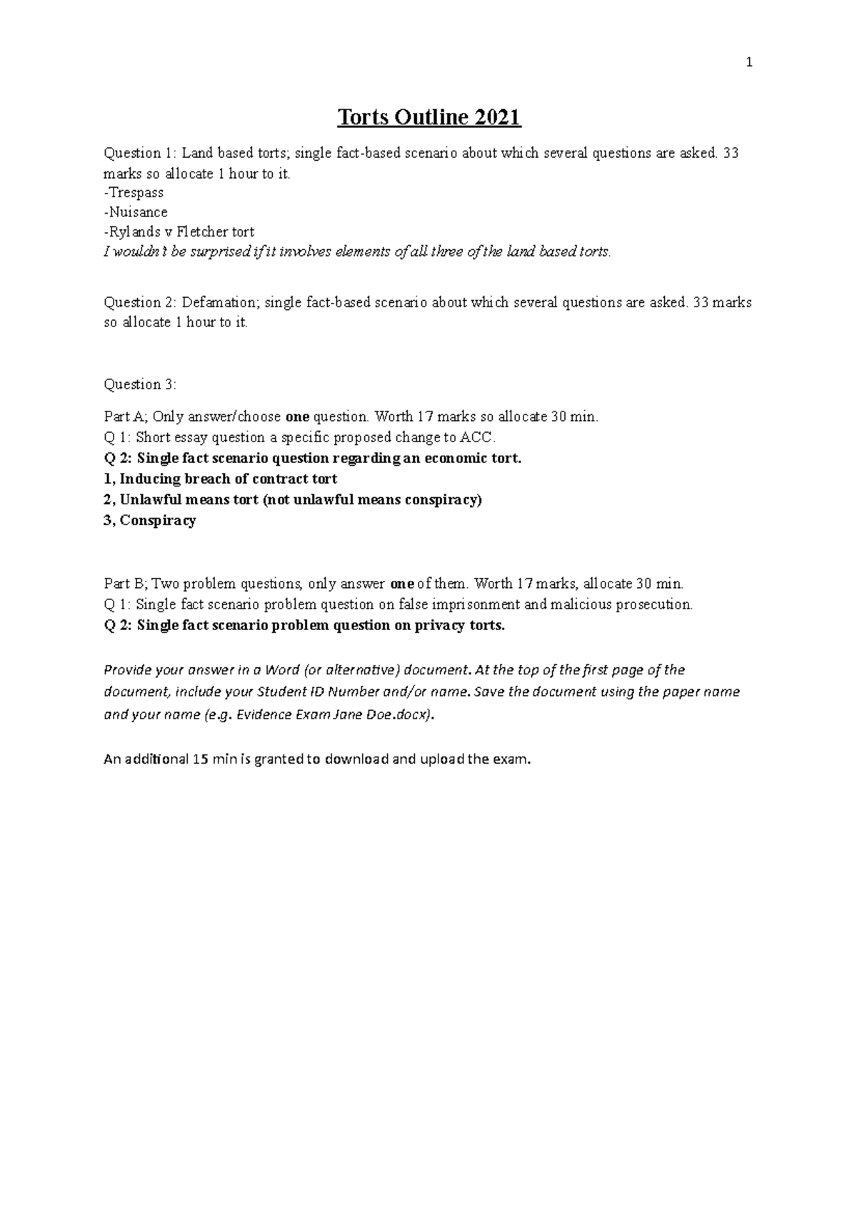 Torts outline 2021 - Law of Torts - University of Otago - Studocu