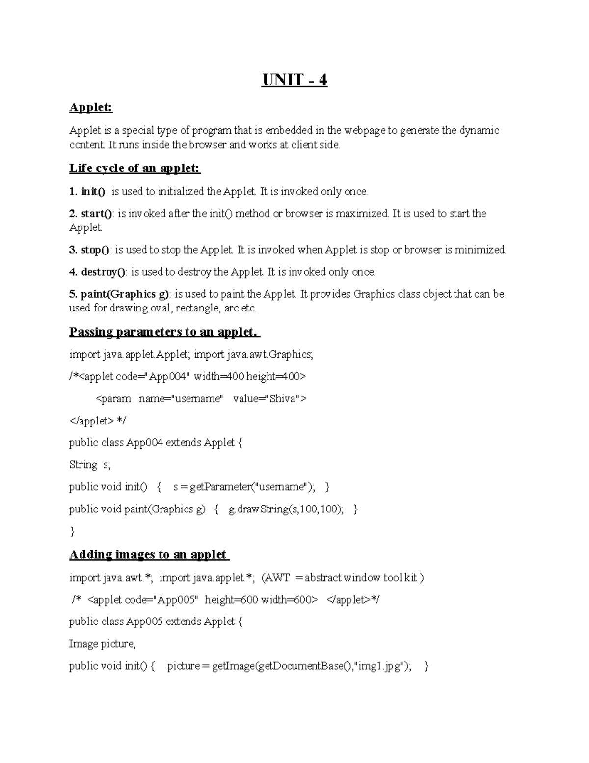 WP UNIT-4 Lecture Notes - UNIT - 4 Applet: Applet is a special type of ...