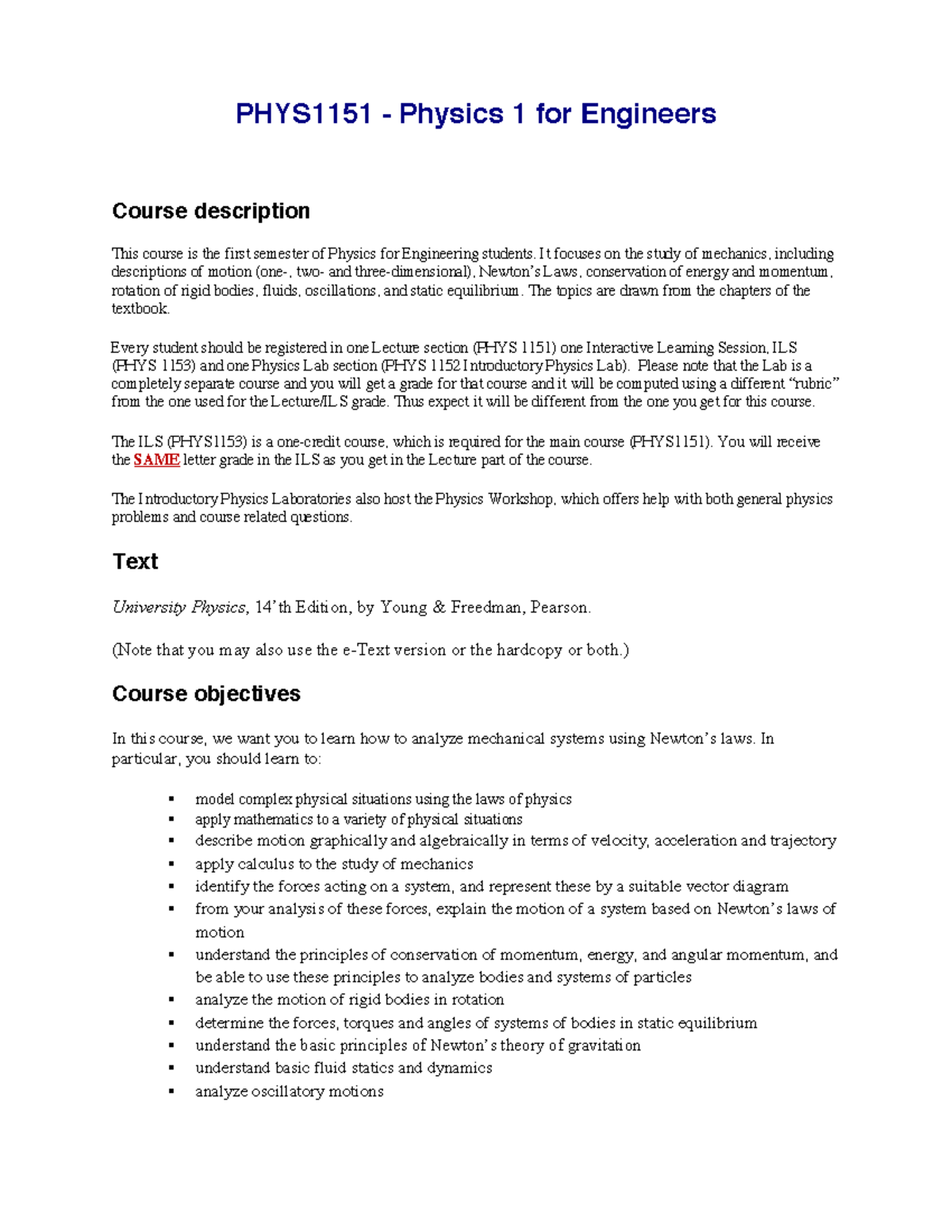 Syllabus-Sp18 - Syllabus - PHYS1151 - Physics 1 for Engineers Course ...