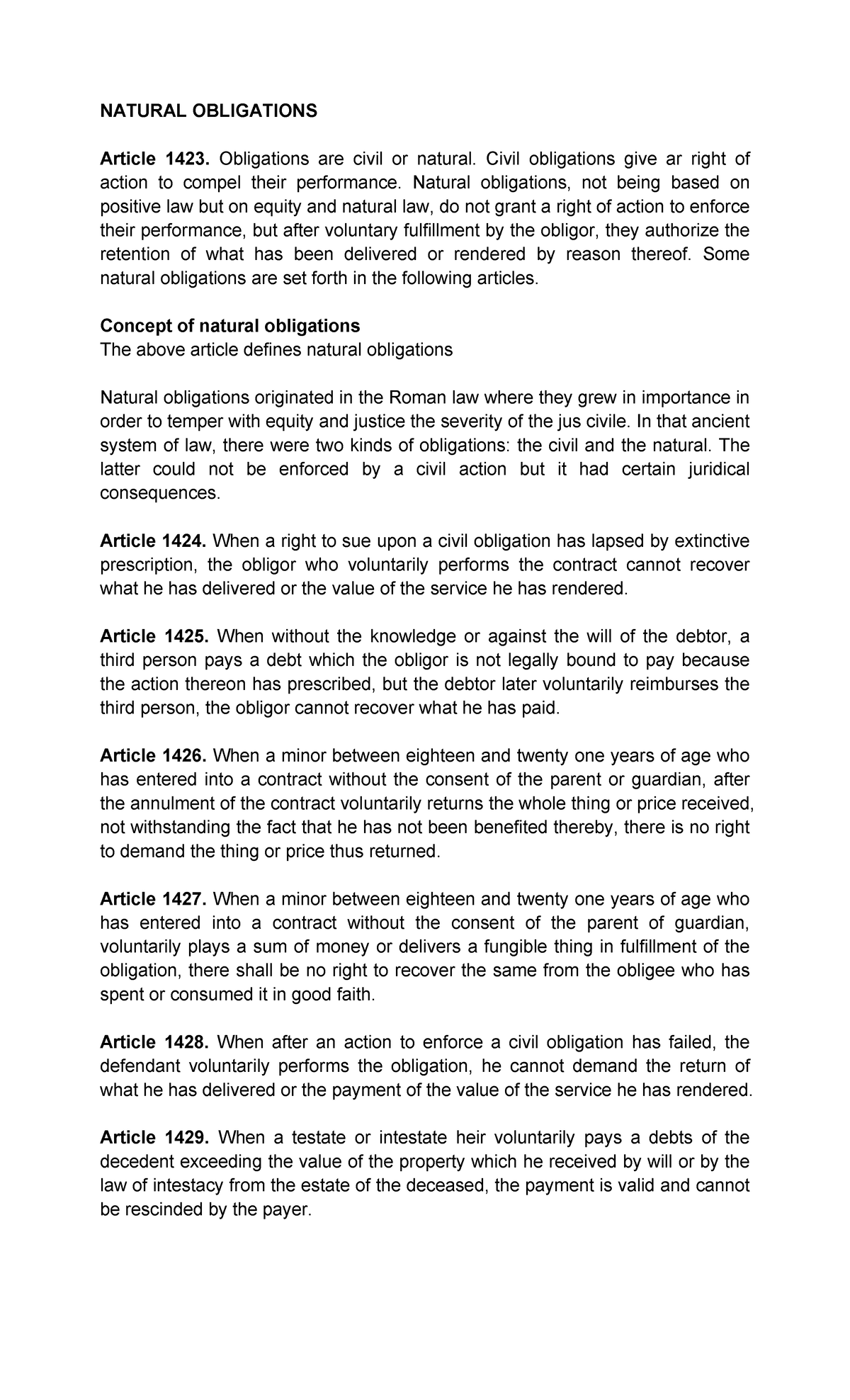 Natural Obligations - NATURAL OBLIGATIONS Article 1423. Obligations are ...