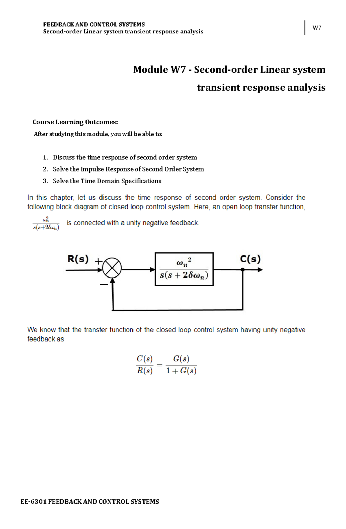 Week 8 - Second-order Linear system transient response analysis - FEEDBACK AND CONTROL SYSTEMS ...
