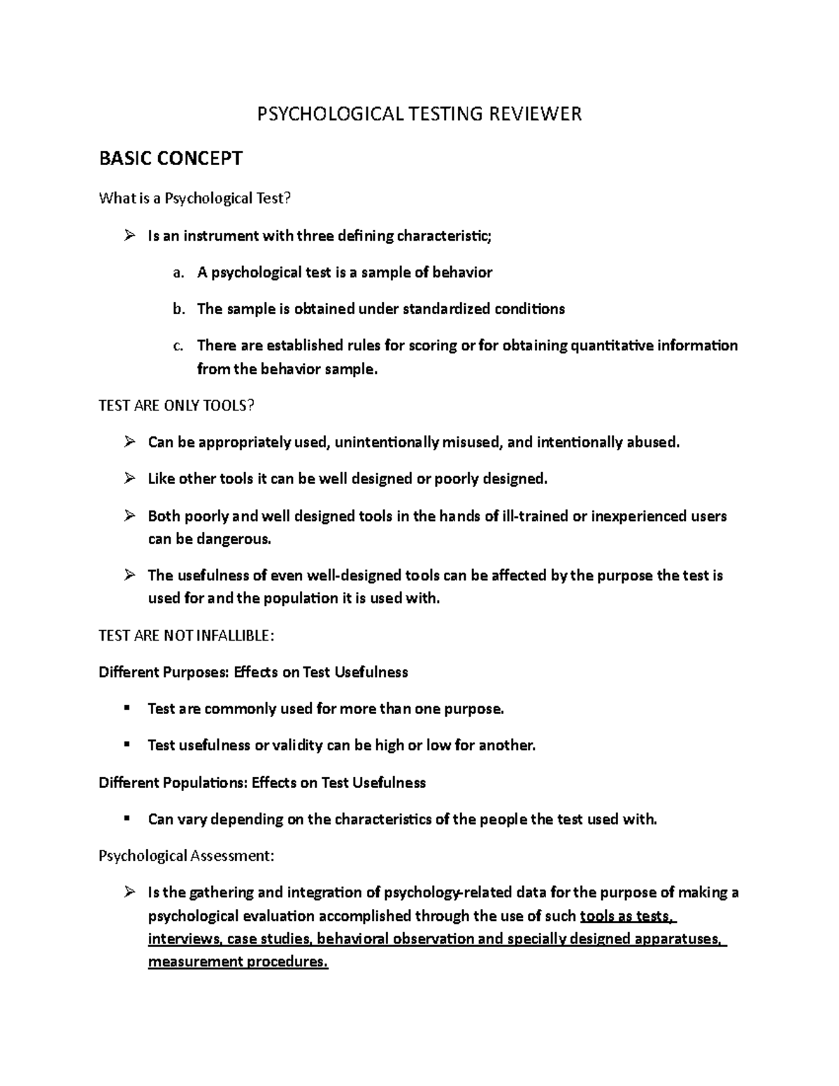 Psychological Testing - PSYCHOLOGICAL TESTING REVIEWER BASIC CONCEPT ...