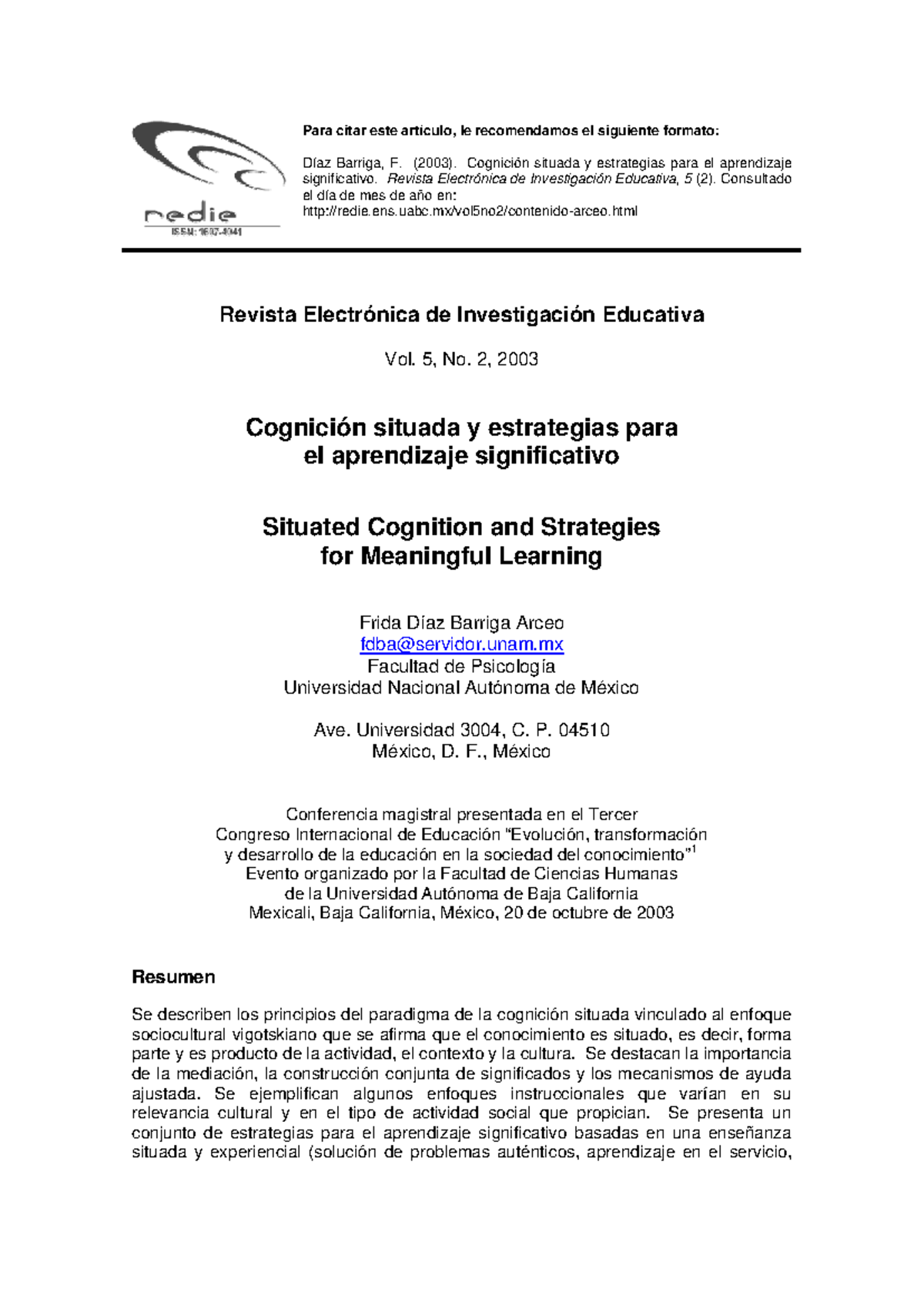 Cognición situada del aprendizaje significativo - Para citar este ...