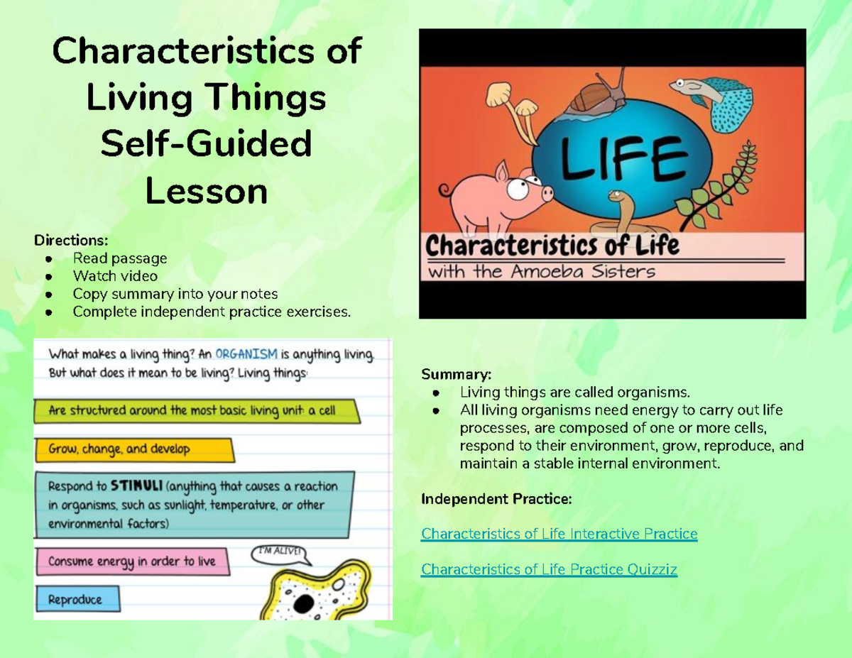 Noprepself Guided Characteristicsof Life Digital Lesson-1 - Summary ...