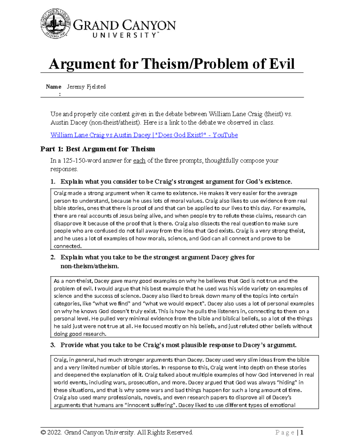 PHI-103-Debate Worksheet and Problem of Evil - Argument for Theism ...