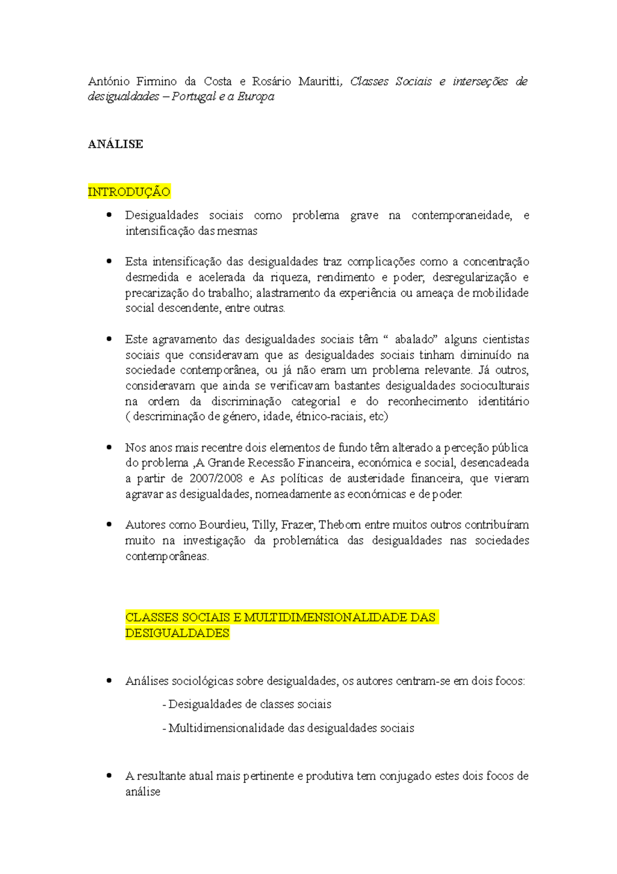 Análise do Texto de António Firmino da Costa e Rosário Mauritti ...