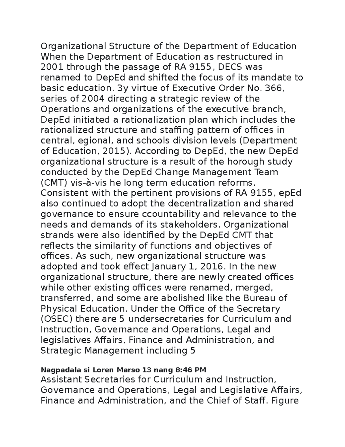 Organizational Structure of the Department of Education When the ...