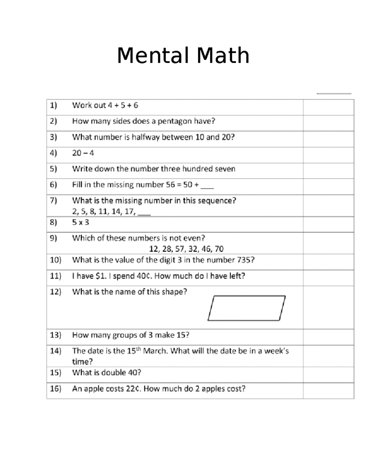 Mental Math Worksheet - Mental Math Q1) Work out the value of these ...