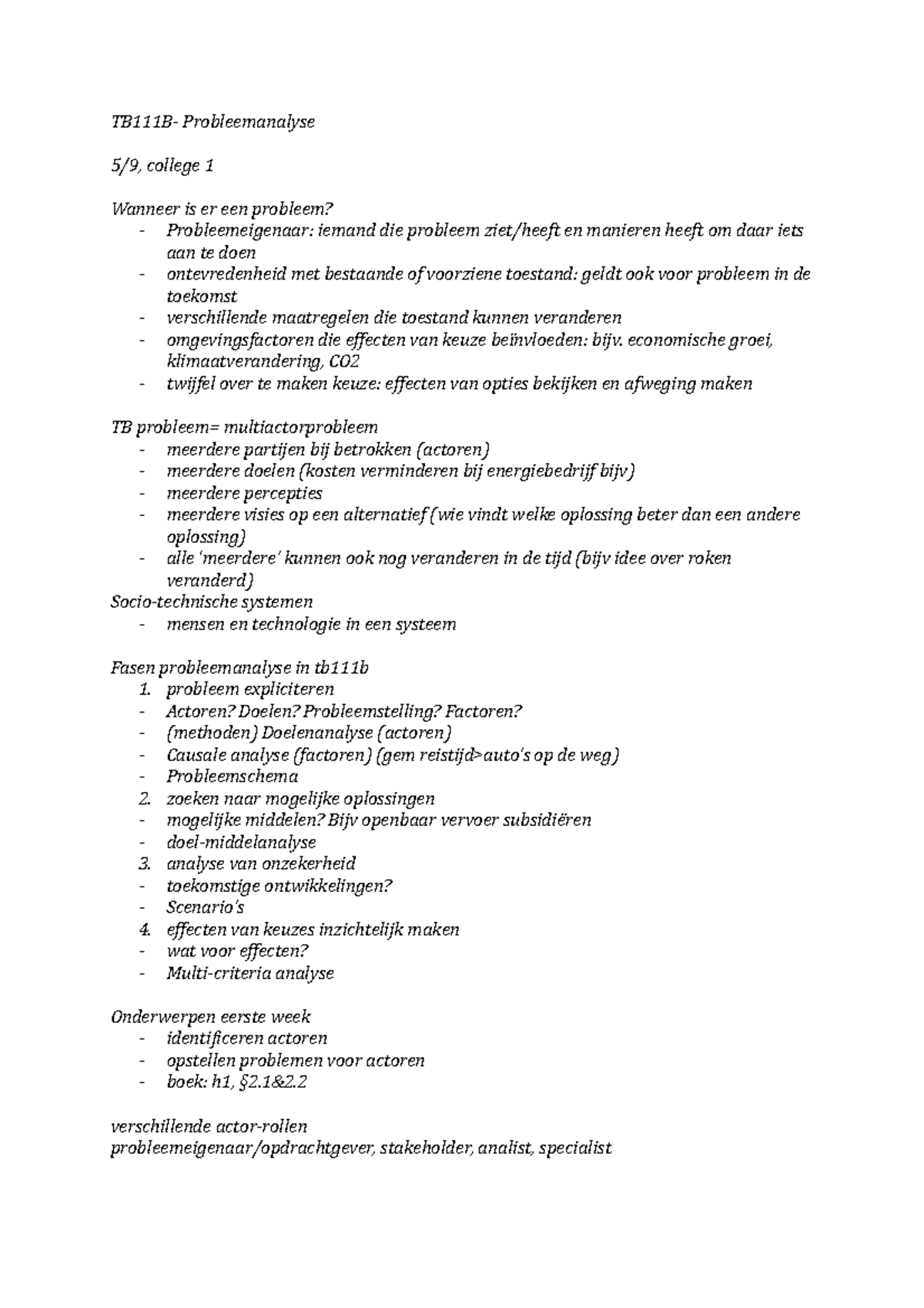 TB111B-Probleemanalyse aantek college 1 - TB111B- Probleemanalyse 5/9 ...