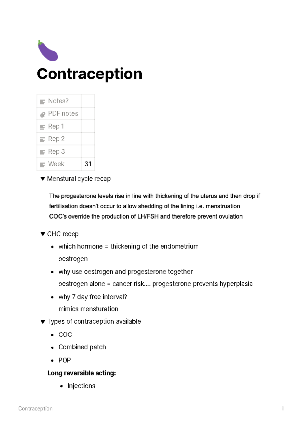 Contraception - 🍆 Contraception Notes? PDF notes Rep 1 Rep 2 Rep 3 Week ...