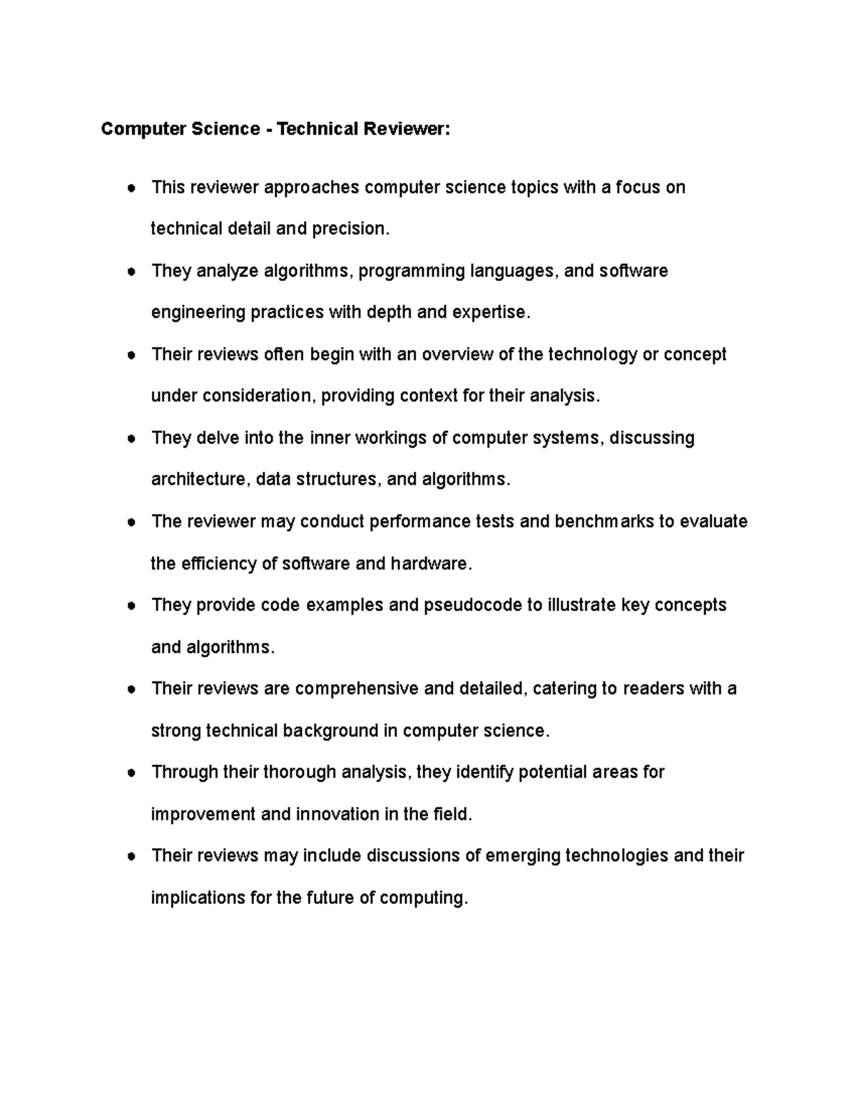 Computer Science - Technical Reviewer - They analyze algorithms ...