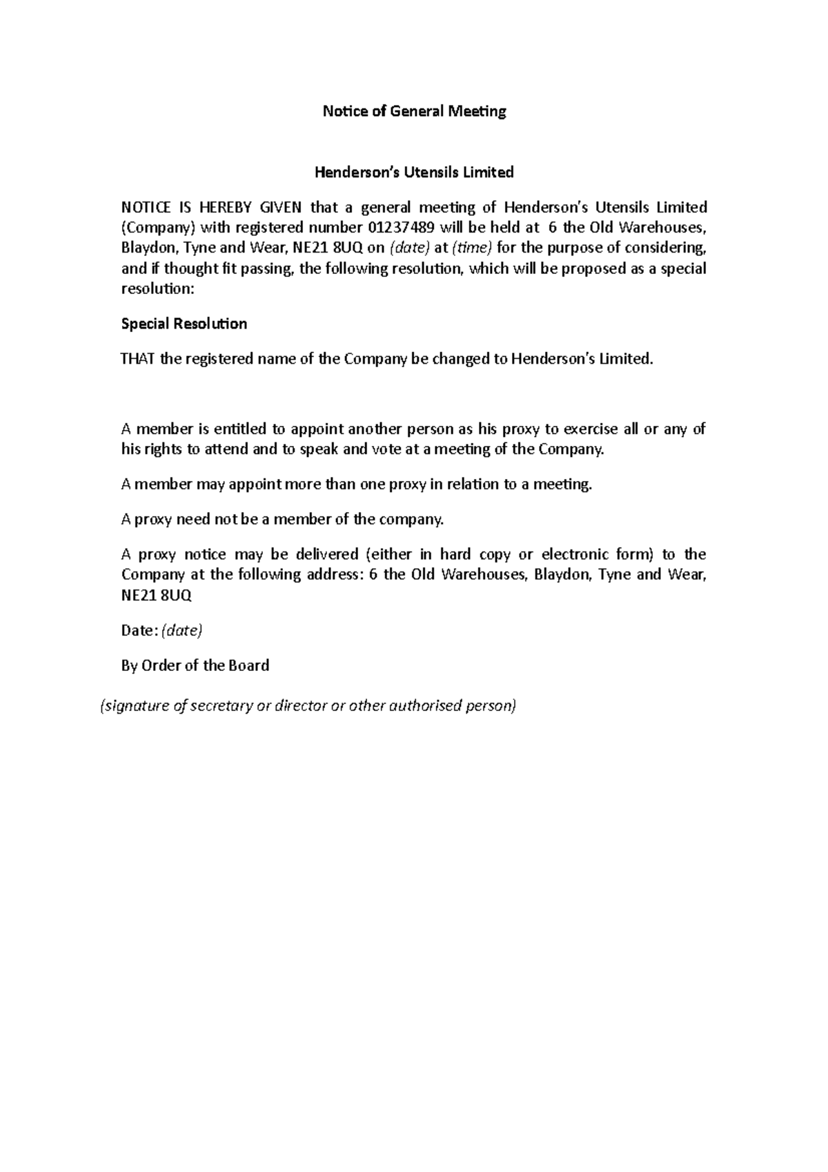 Workshop 12 - Notice of General Meeting and Written Resolution - Notice ...