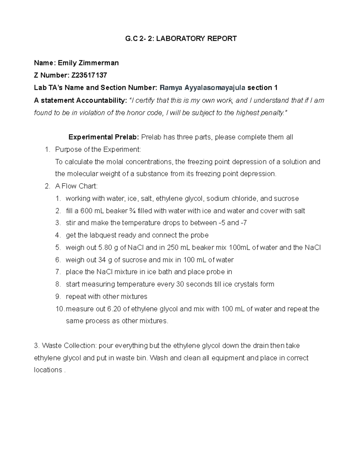 GC2-4 Freezing Point Depression Study Lab Report - G 2- 2: LABORATORY ...