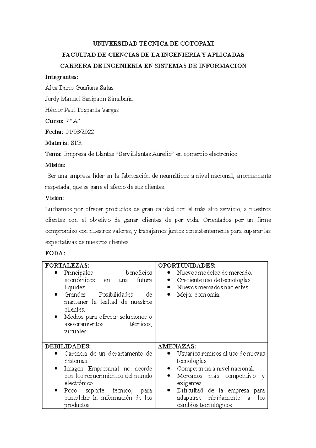 Sig1 - mjmjm - UNIVERSIDAD TÉCNICA DE COTOPAXI FACULTAD DE CIENCIAS DE ...