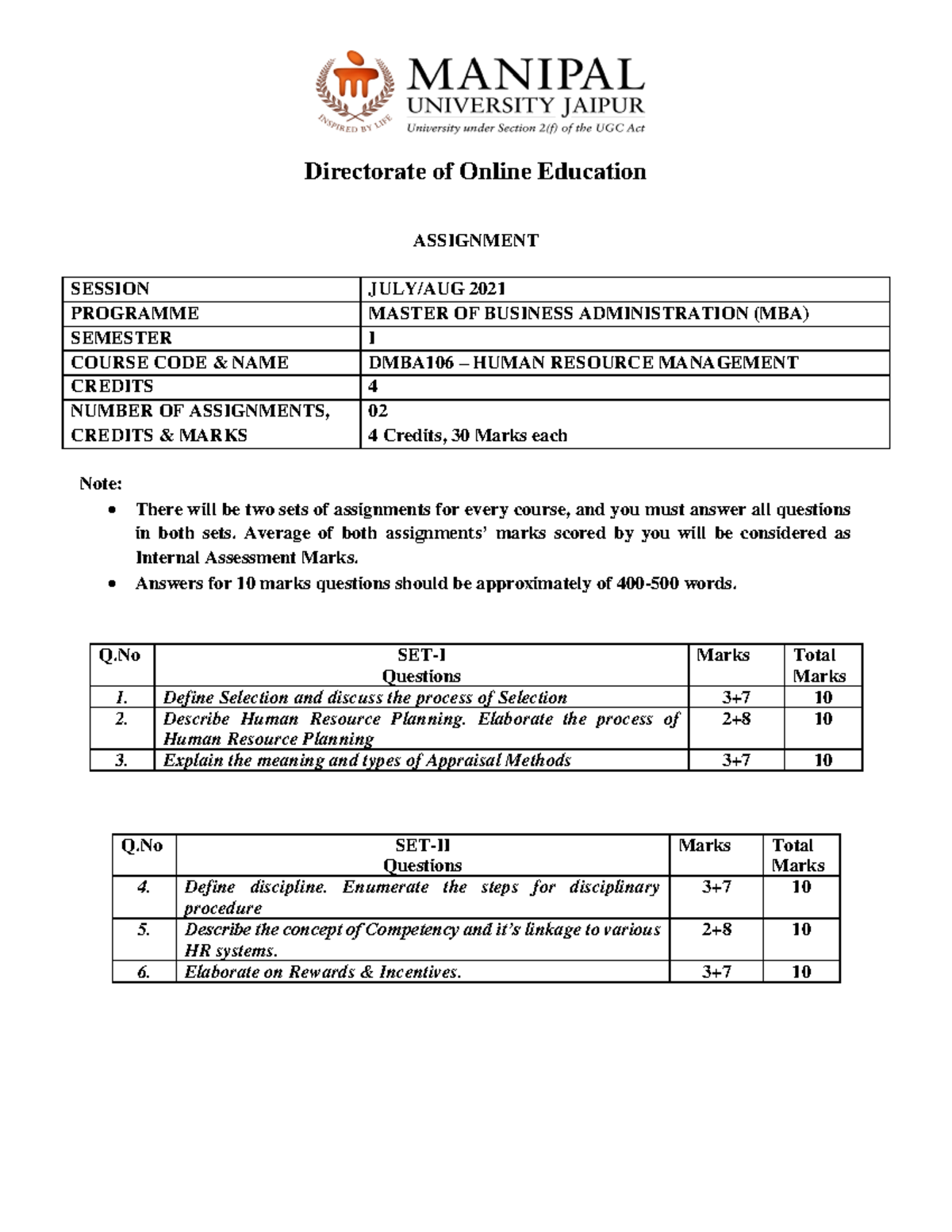 Assignment DMBA106 MBA 1 Set-1 and 2 Nov 2021 - Directorate of Online ...