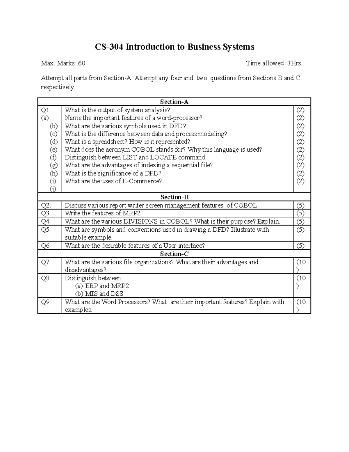 CS-304i - Question paper of Business information system - CS-304 ...
