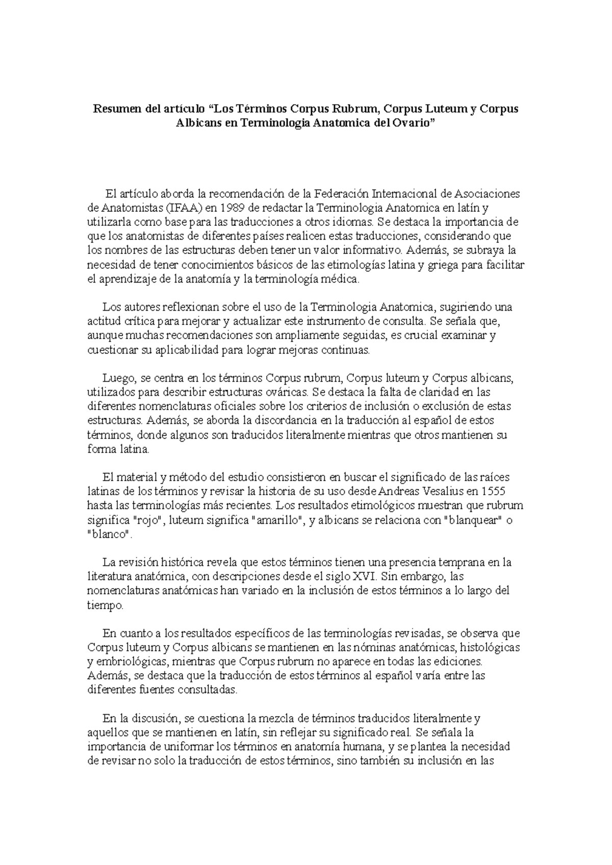 Resumen del artículo - Resumen del artículo “Los Términos Corpus Rubrum ...