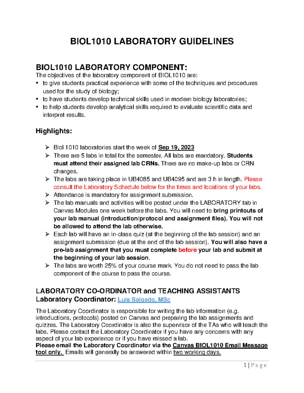 BIOL1010 Laboratory Guidelines - Fall 2023 - BIOL1010 LABORATORY ...