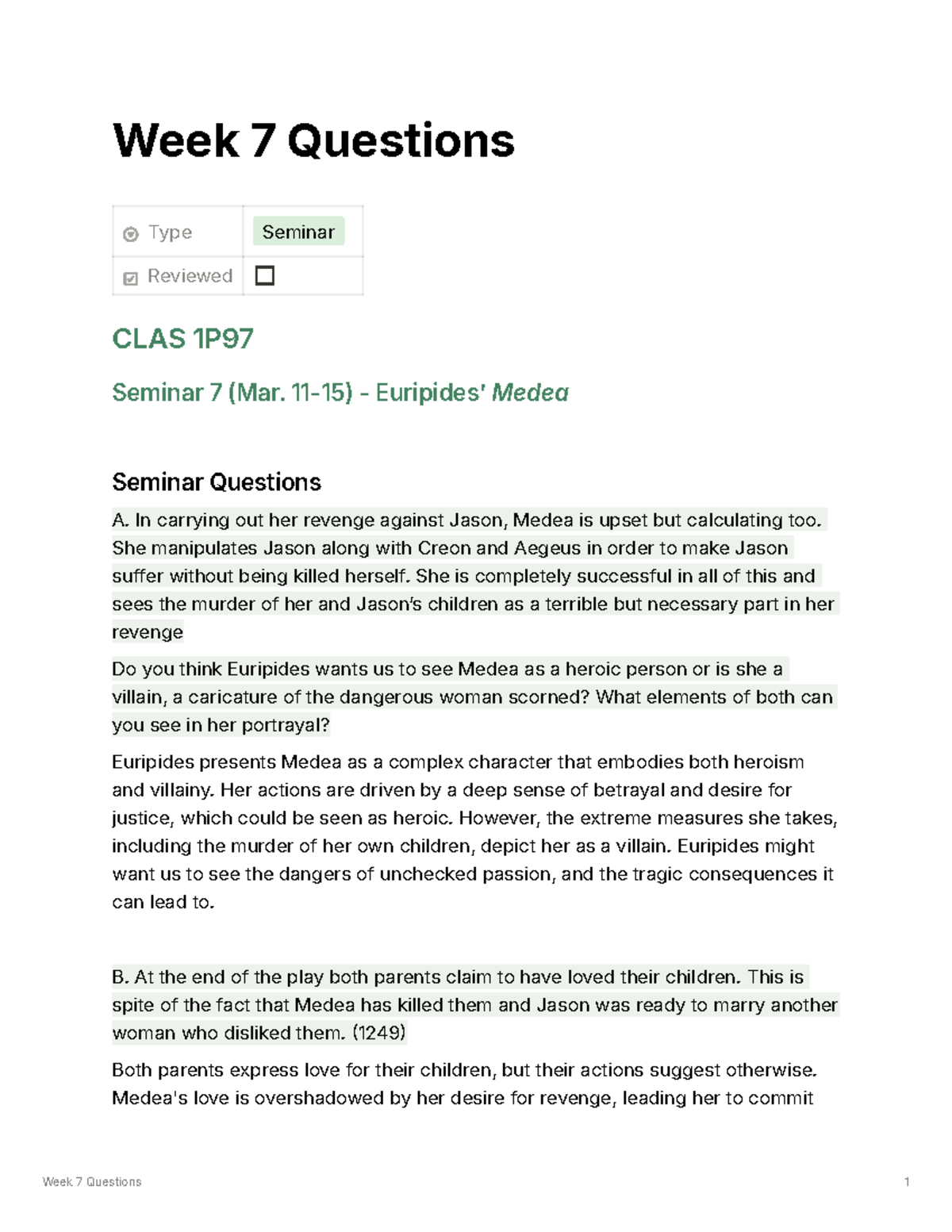 Seminar 7 Questions and Answers - Week 7 Questions 1 Week 7 Questions Type Seminar Reviewed CLAS ...