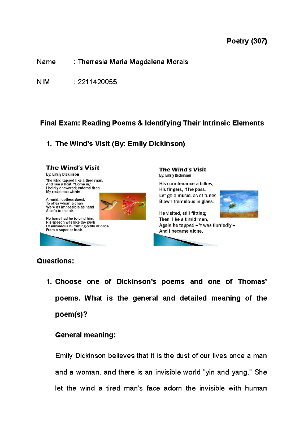 Final Exam A Day Emily Dickinson - Poetry (307) Name : Therresia Maria ...