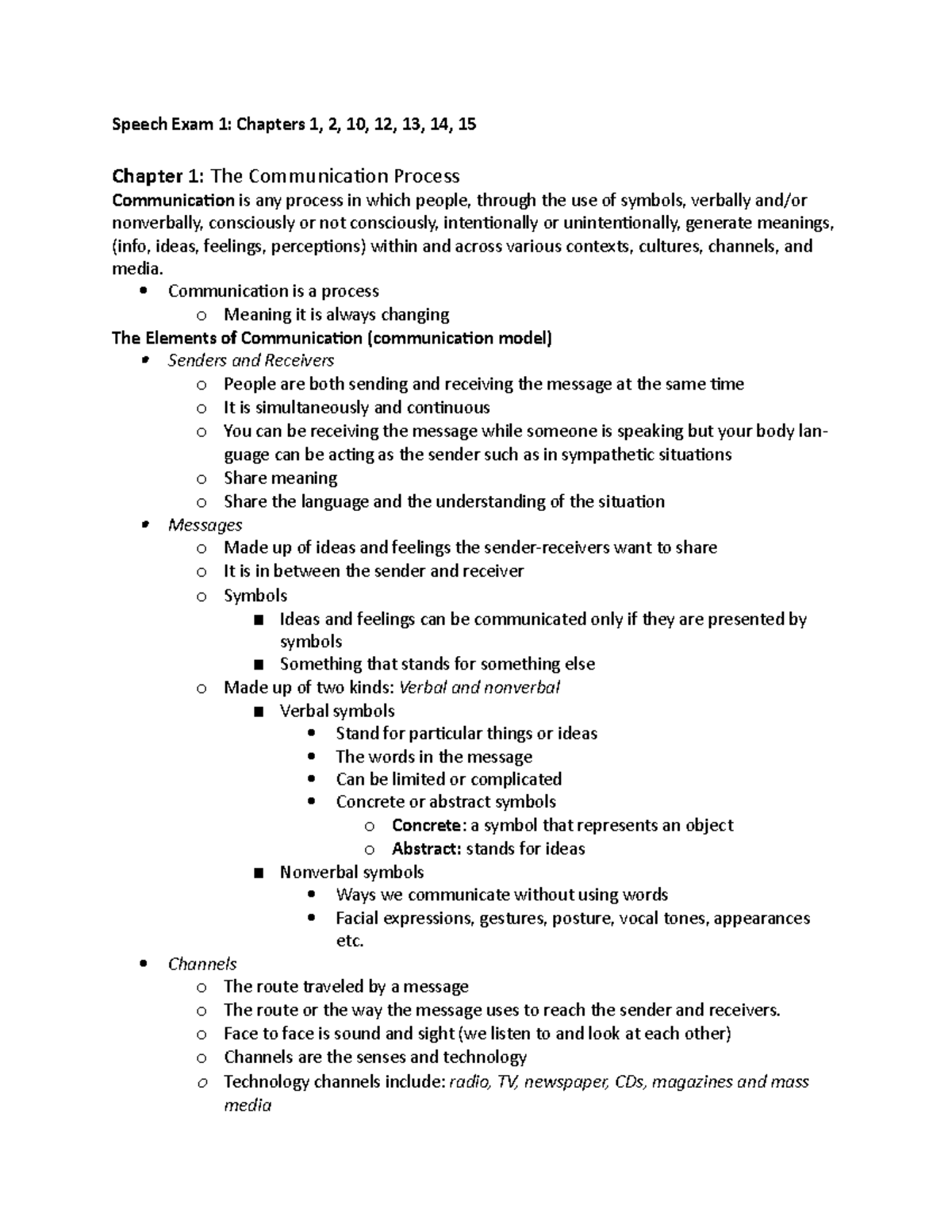 Exam number 1 notes - Speech Exam 1: Chapters 1, 2, 10, 12, 13, 14, 15 ...