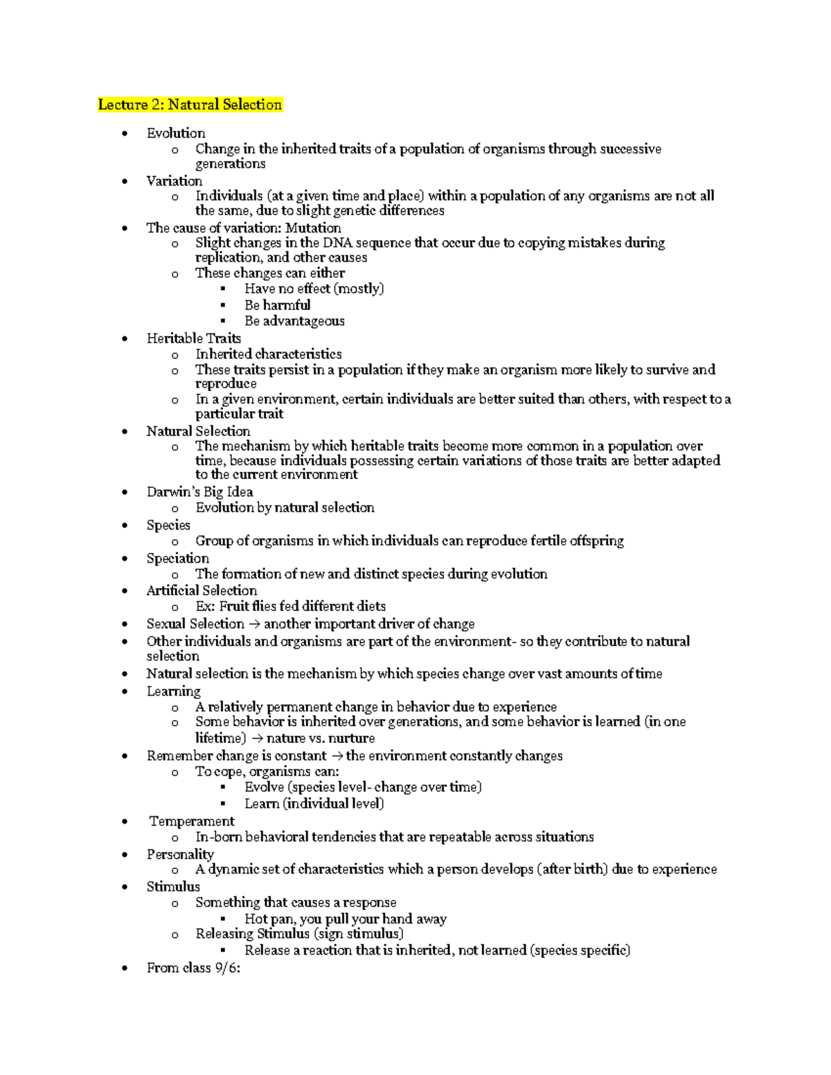 Behavioral analysis lectures 1 (for exam 1) - Lecture 2: Natural Selection Evolution o Change in ...