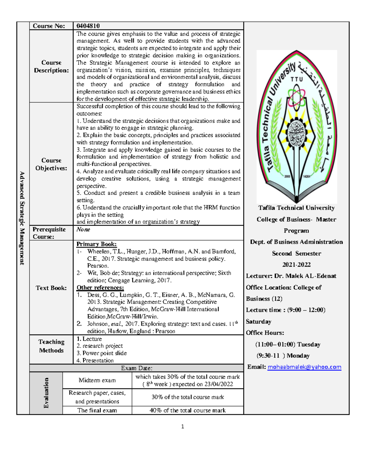 Advanced strategic management Second semester 2021-Syllabus - Dr. Malek ...