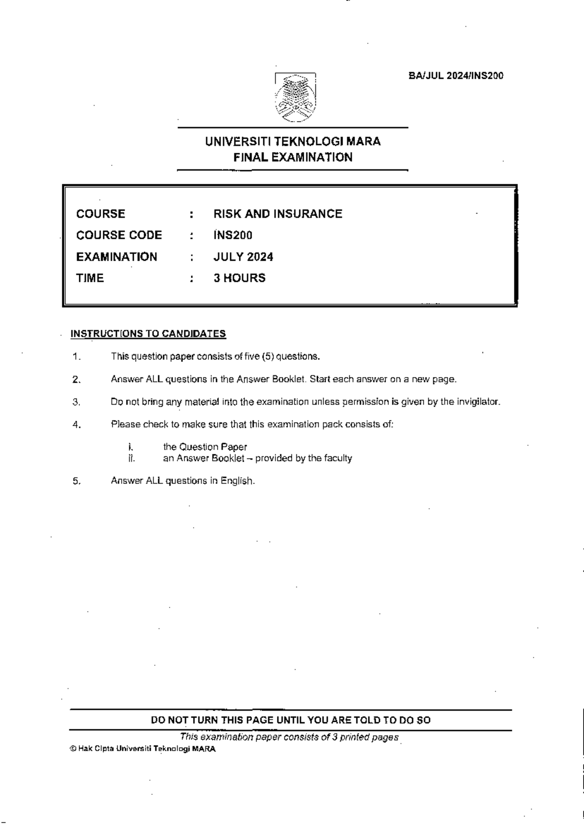 INS200 - BA/JUL 2024/INS UNIVERSITI TEKNOLOGI MARA FINAL EXAMINATION ...