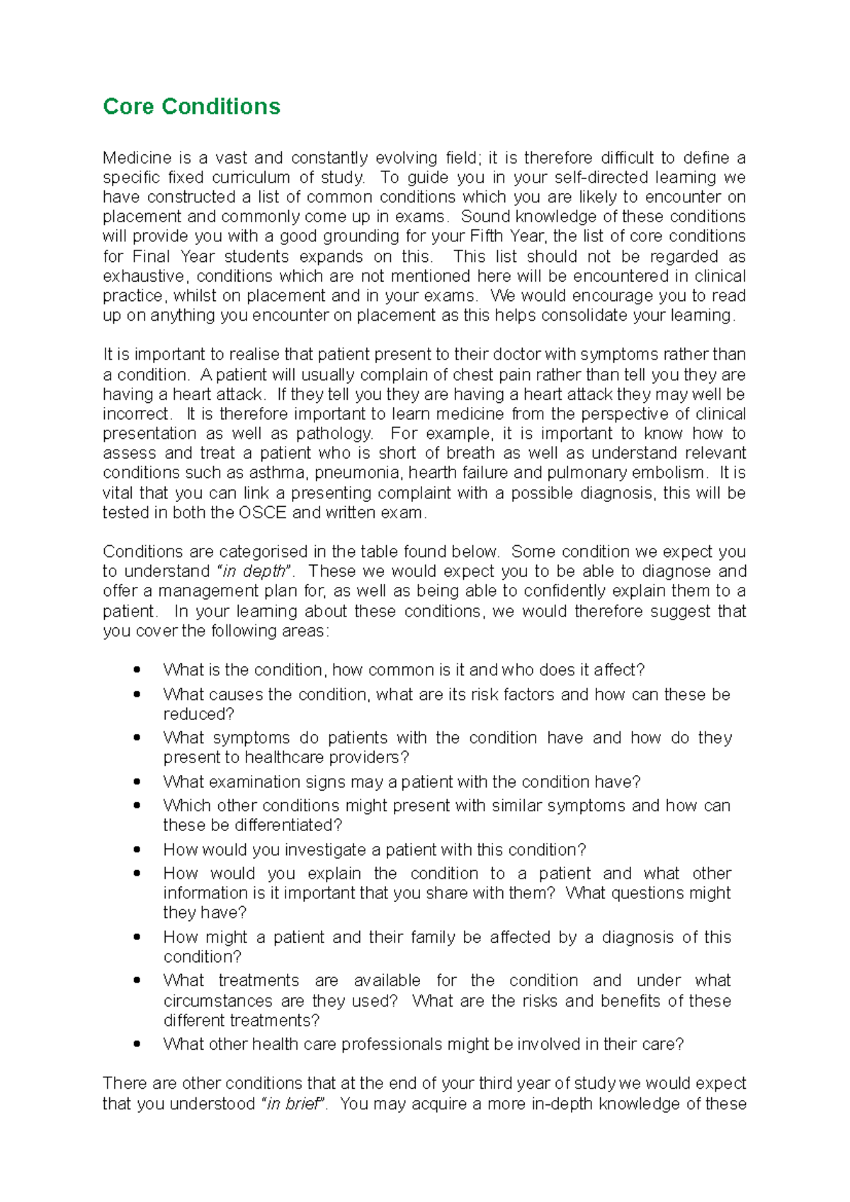 Core conditions - Core Conditions Medicine is a vast and constantly ...