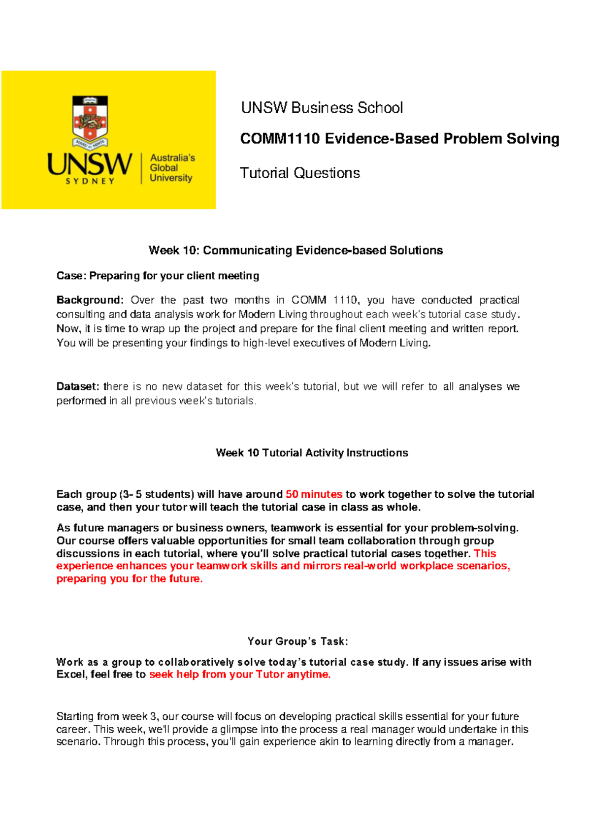 COMM1110 Tutorial Week 10 Questions 2024 T2 - UNSW Business School COMM1110 Evidence-Based ...