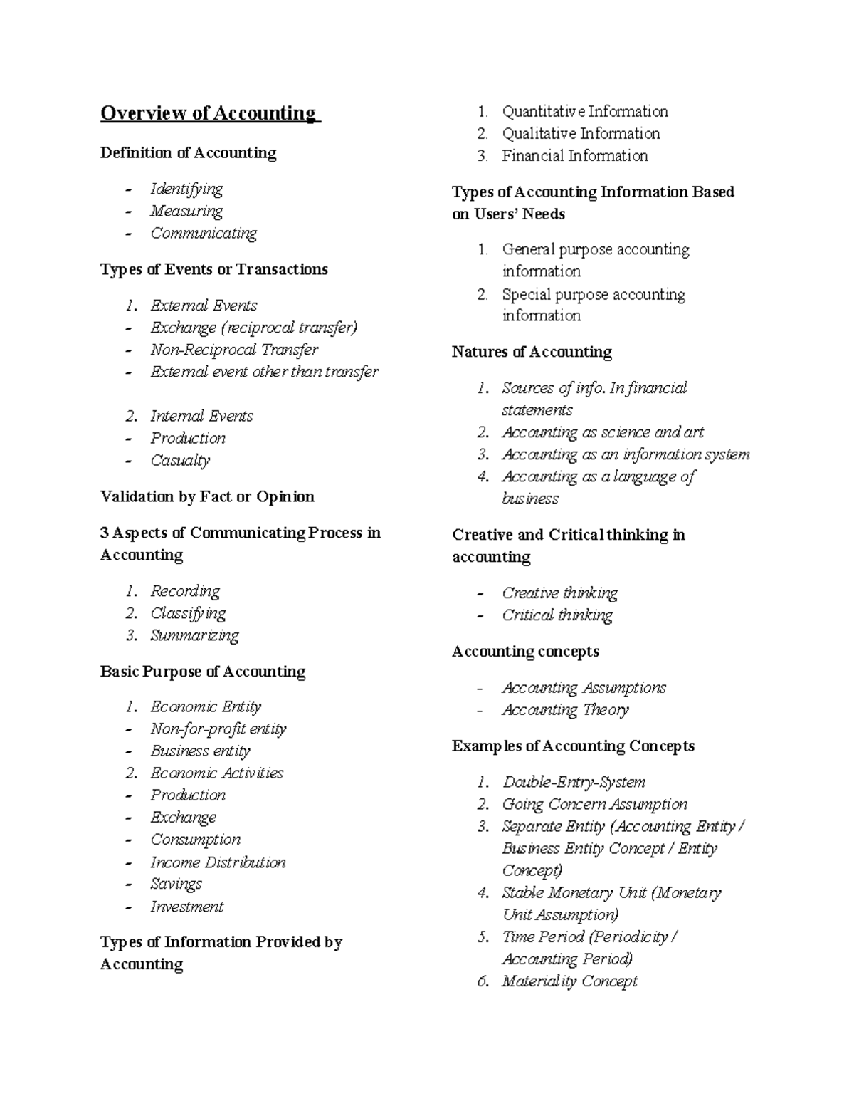 Outline FOR ALL - Overview of Accounting Definition of Accounting ...
