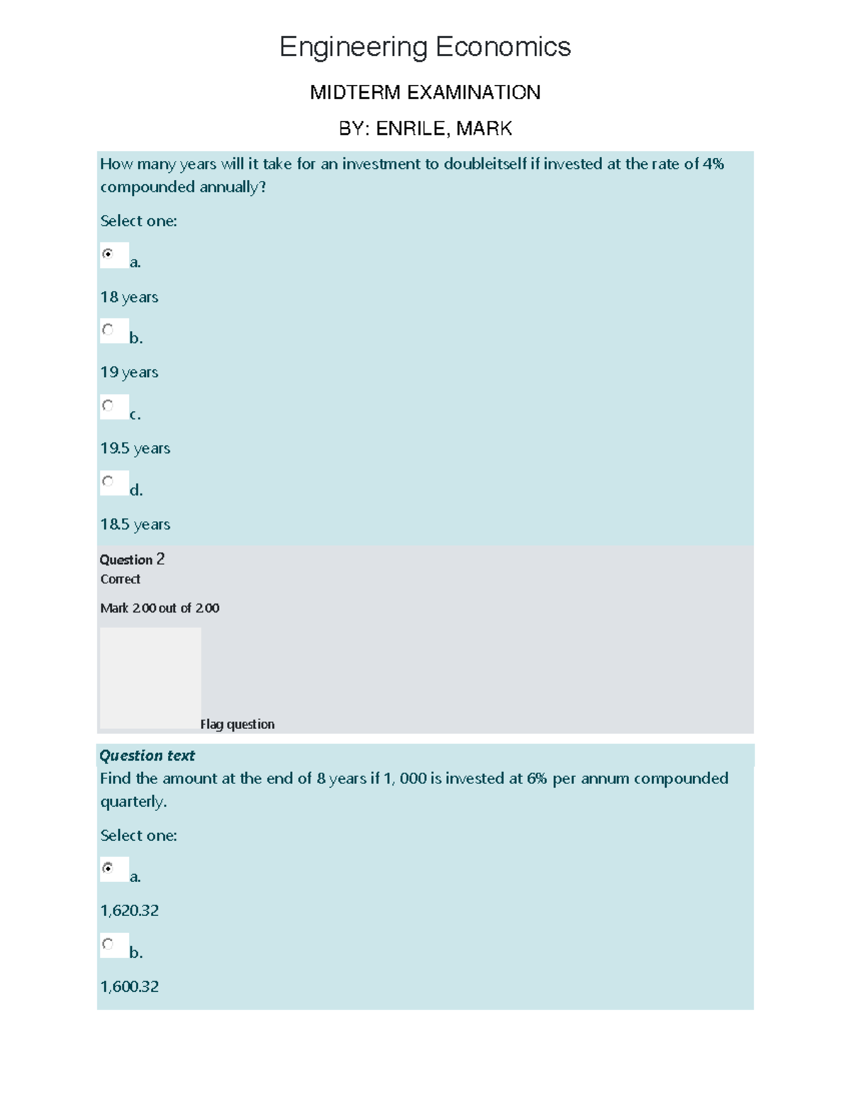 Midterm EXAM Engineering Economics - Engineering Economics MIDTERM ...