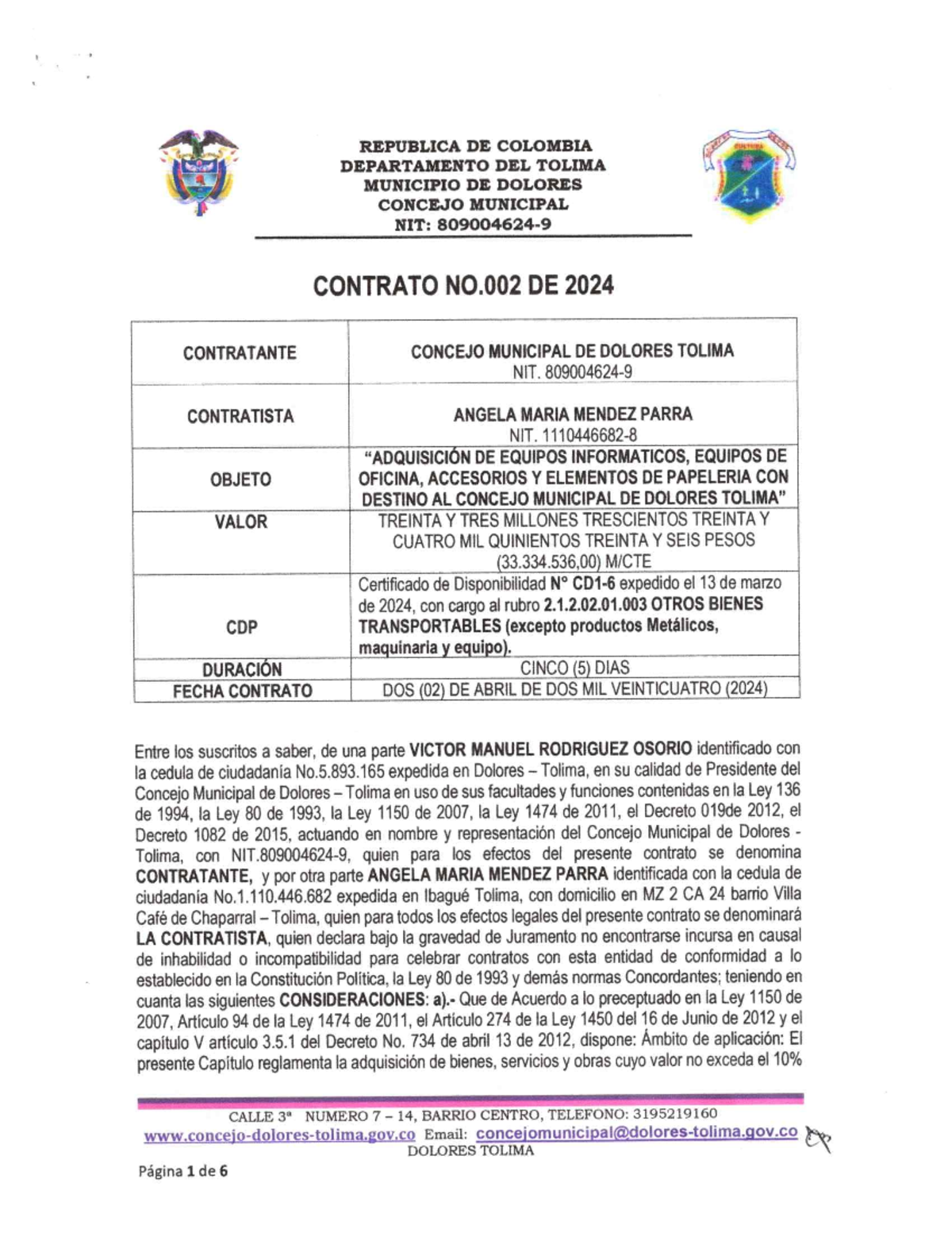 Contrato No.002 de 2024 - Contratos Civiles Y Comerciales - Studocu