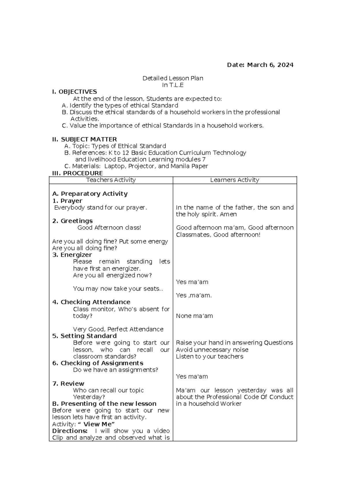 Detailed Lesson Plan in TLE lesson 5 - Date: March 6 , 2024 Detailed ...