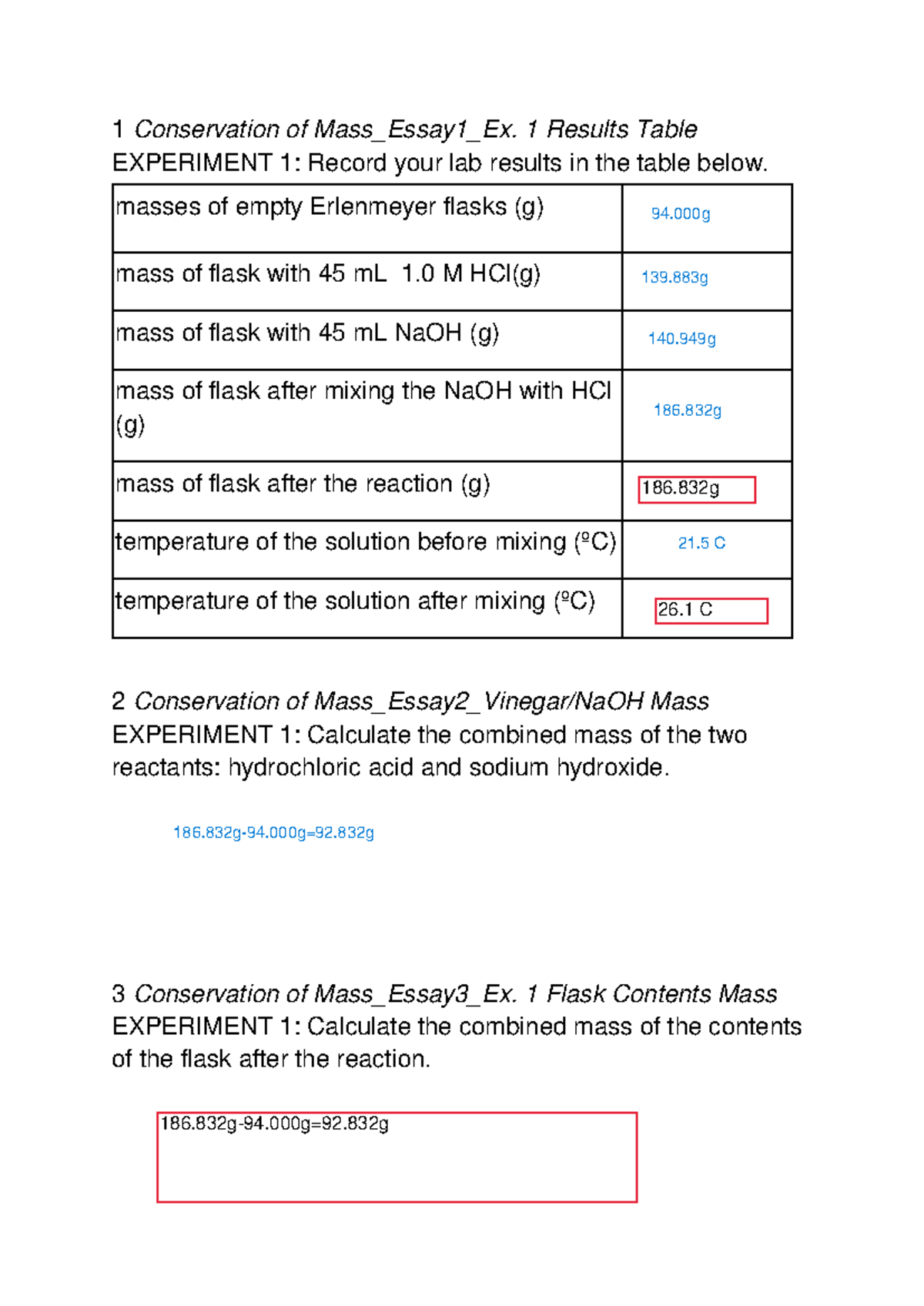 Conservation of mass lab - 1 Conservation of Mass_Essay1_Ex. 1 Results ...