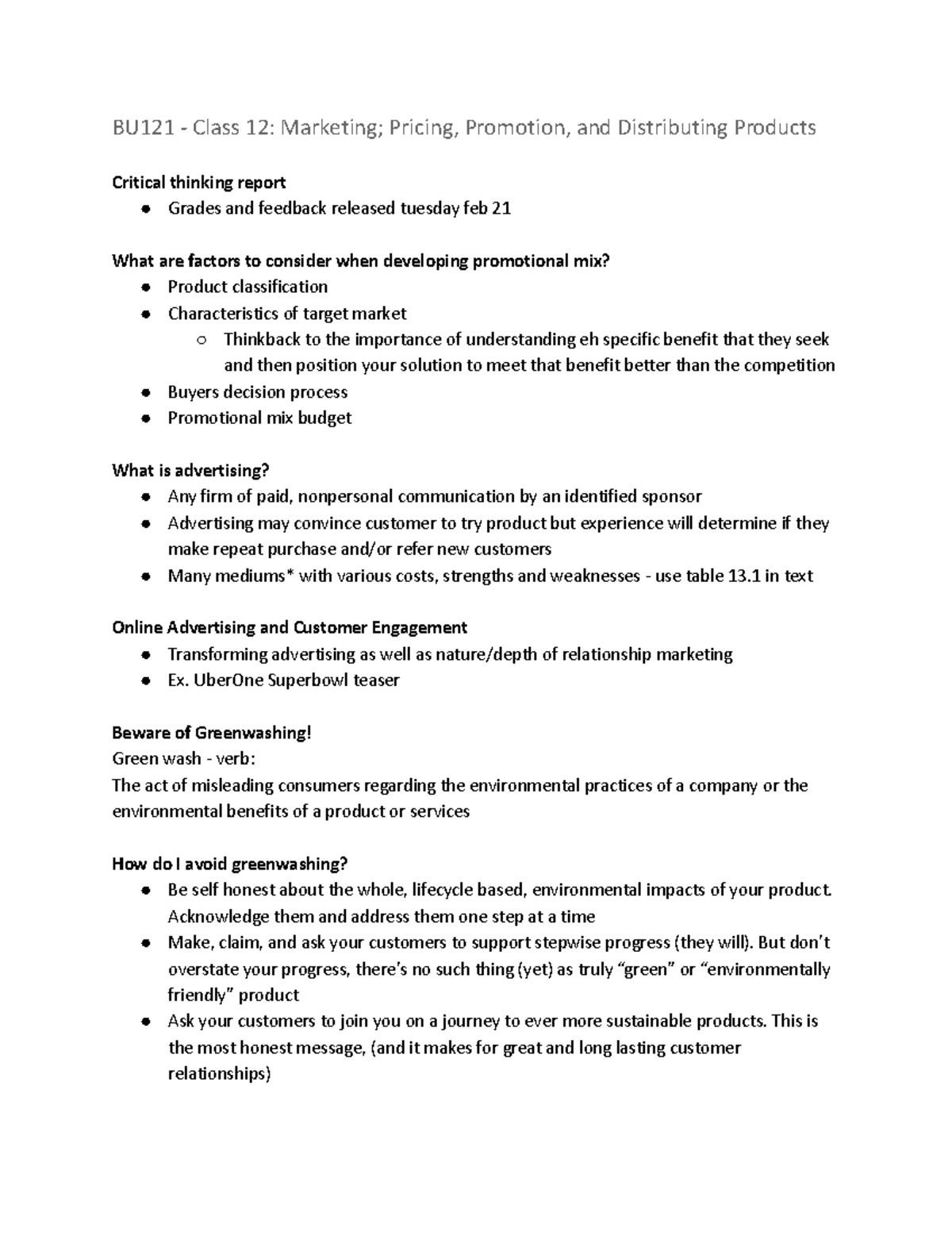 BU121 - Class 12 Marketing; Pricing, Promotion, and Distributing ...